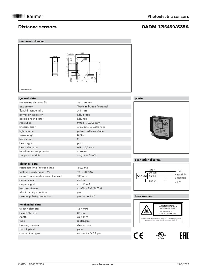 Baumer OADM 12I6430/S35A Sensor Specs | PDF | Laser | Angular Resolution
