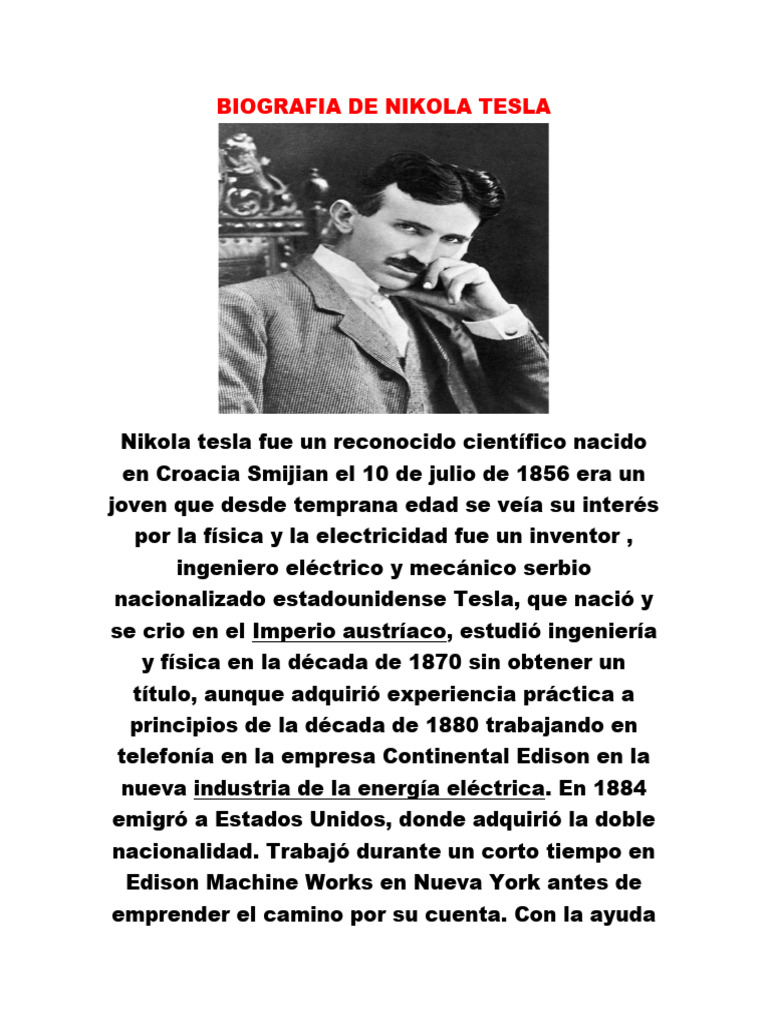 Biografía de Nikola Tesla | PDF