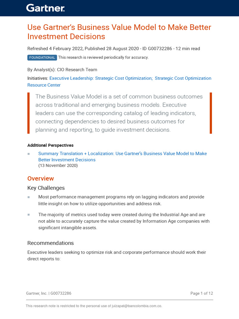 Use Gartner's Business Value Model To Make Better Investment Decisions | PDF | Performance ...
