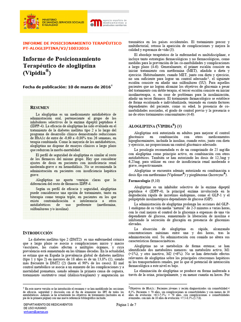 IPT Alogliptina Vipidia | PDF | Química medicinal | Enfermedades y ...