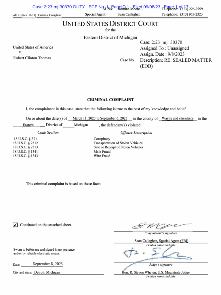Criminal Complaint: Vehicle Theft Conspiracy | PDF | Mail And Wire ...