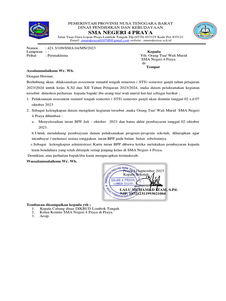 Surat Pemberitahuan BPP PTS Ganjil 2023 | PDF