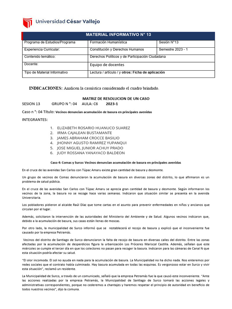 Sesion 13 - Trabajo Grupal - Ficha de Aplicación 13 | PDF | Residuos | Alcalde