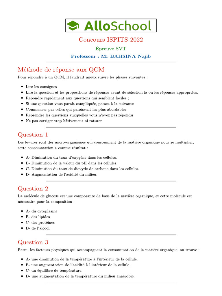 Concours Ispits 2022 Epreuve SVT 4 | PDF