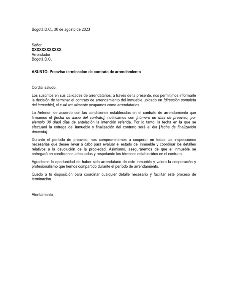 Preaviso Terminacion de Contrato de Arriendo | PDF