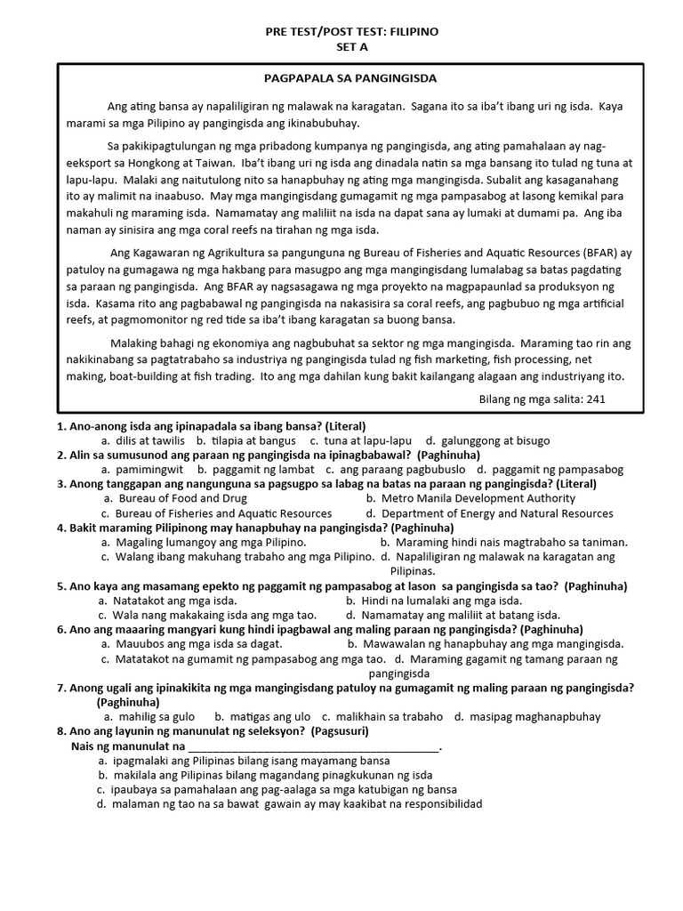 Pre Post Test Phil Iri Filipino | PDF