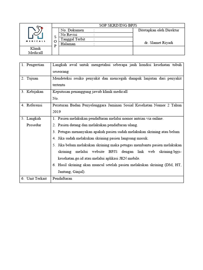 SOP Skrining BPJS di Klinik Medicall | PDF | Pengembangan Diri | Sains & Matematika