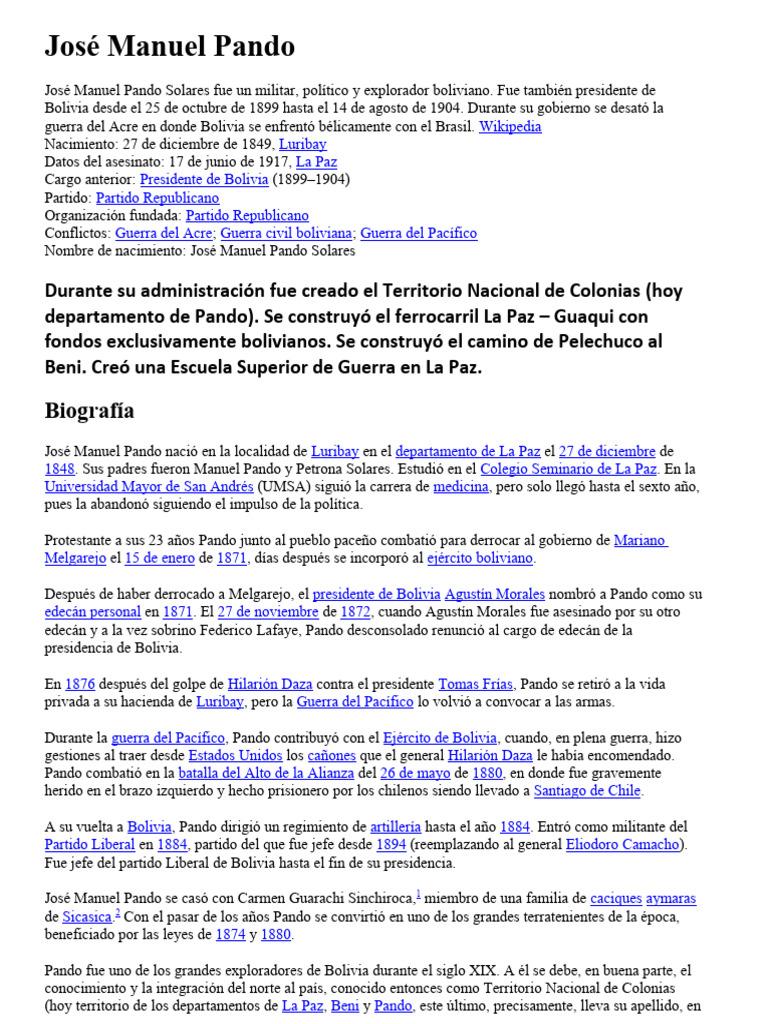 José Manuel Pando | PDF | Bolivia | América del Sur