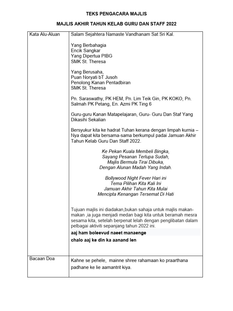 Teks Pengacara Majlis Jamuan Akhir Kelab Guru Dan Staf 2022 | PDF