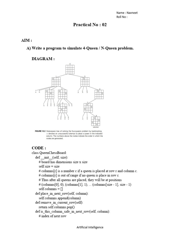 Practical No: 02: Aim: A) Write A Program To Simulate 4-Queen / N-Queen Problem. Diagram | PDF ...