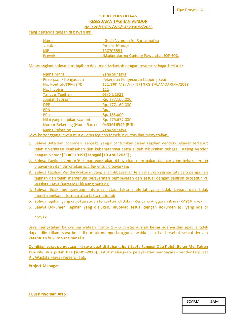 Revisi I - JUNI 2023 - SURAT PERNYATAAN PEMBAYARAN TERPUSAT REV SALAMDARMA | PDF | Pengelolaan ...