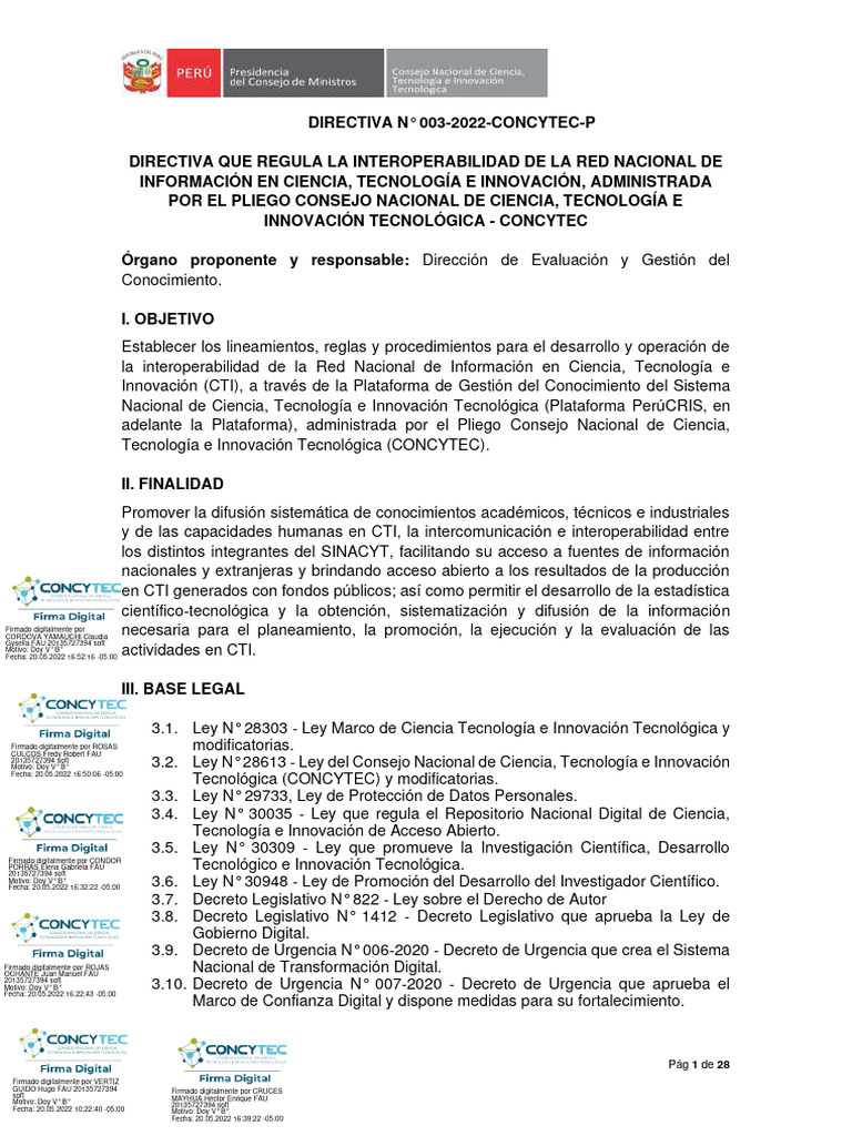 R.P. 054-2022-CONCYTEC-P (Directiva 003 - PeruCRIS (VF) (F) (F) (F) (F) (F) (F) | PDF | Patentar ...