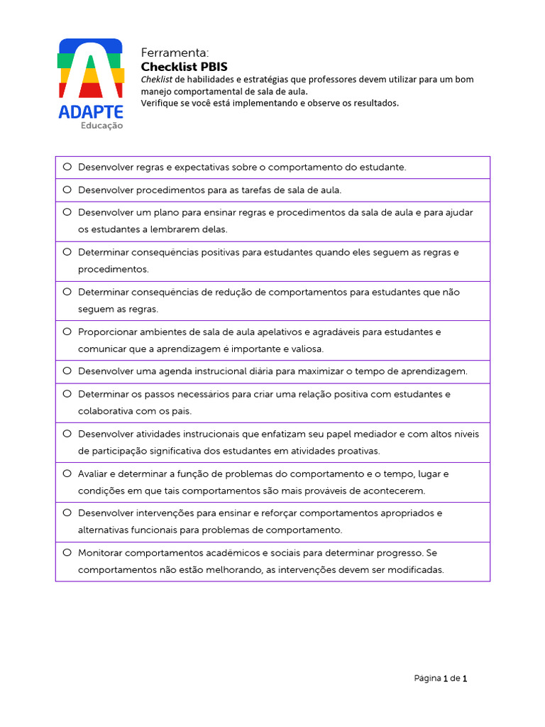 M Dulo 3 Ferramenta - Checklist PBIS | PDF | Autoajuda