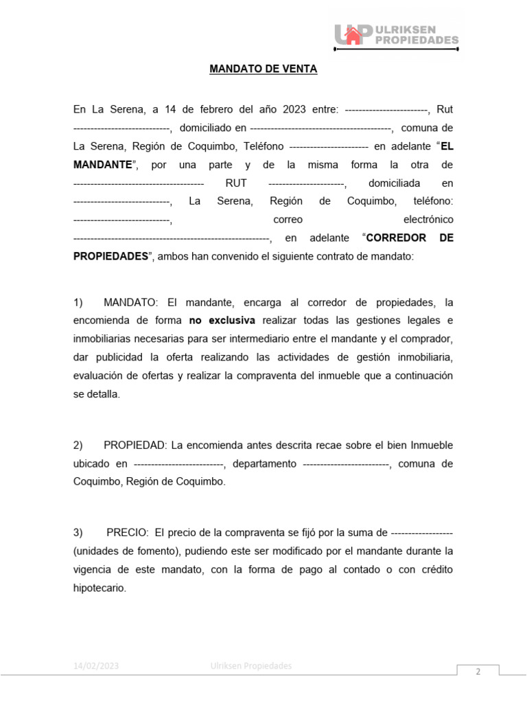 Mandato de Venta Formato Propiedad | PDF | Business | Economias