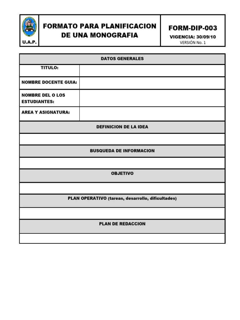 FORM 003 Planificacion Monografía (FORM-DIP-003) | PDF