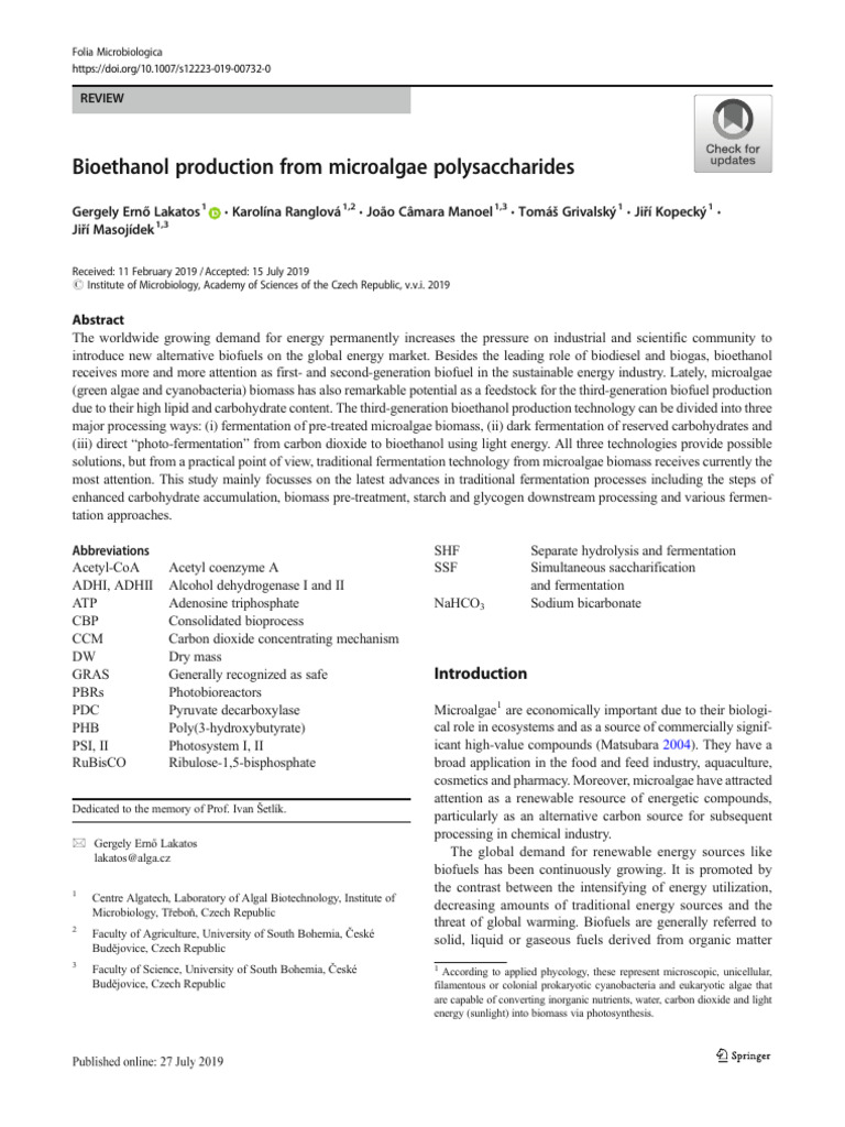 Review - Bioethanol Production From Microalgae Polysaccharides | PDF | Biofuel | Metabolism