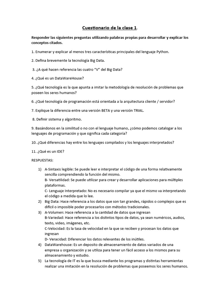 Cuestionario Clase 1 Python | PDF | Lenguaje de programación | Programa de computadora