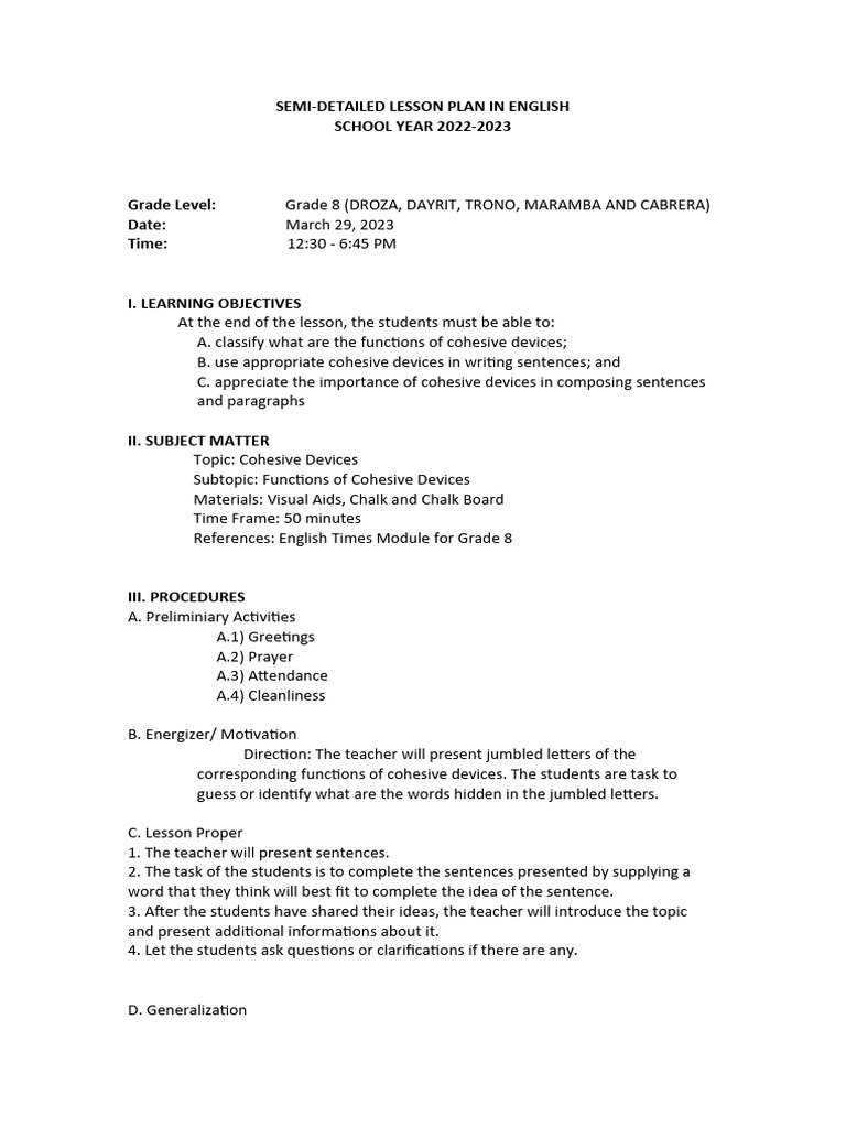 Cohesive Devices Lesson Plan | PDF | Communication | Human Communication