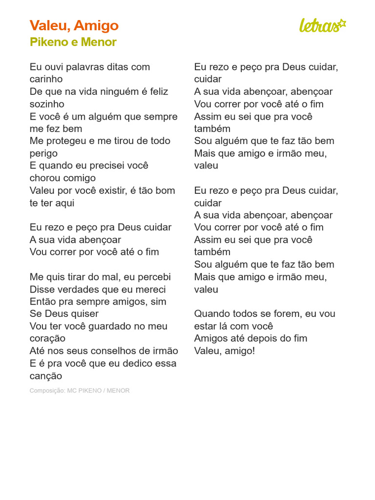 VALEU, AMIGO - Pikeno e Menor (Impressão) | PDF