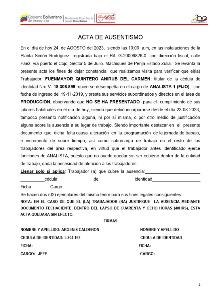 Modelo de Acta de Ausentismo | PDF