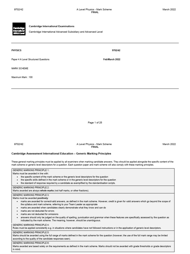 Final: 9702/42 A Level Physics - Mark Scheme March 2022 | PDF ...