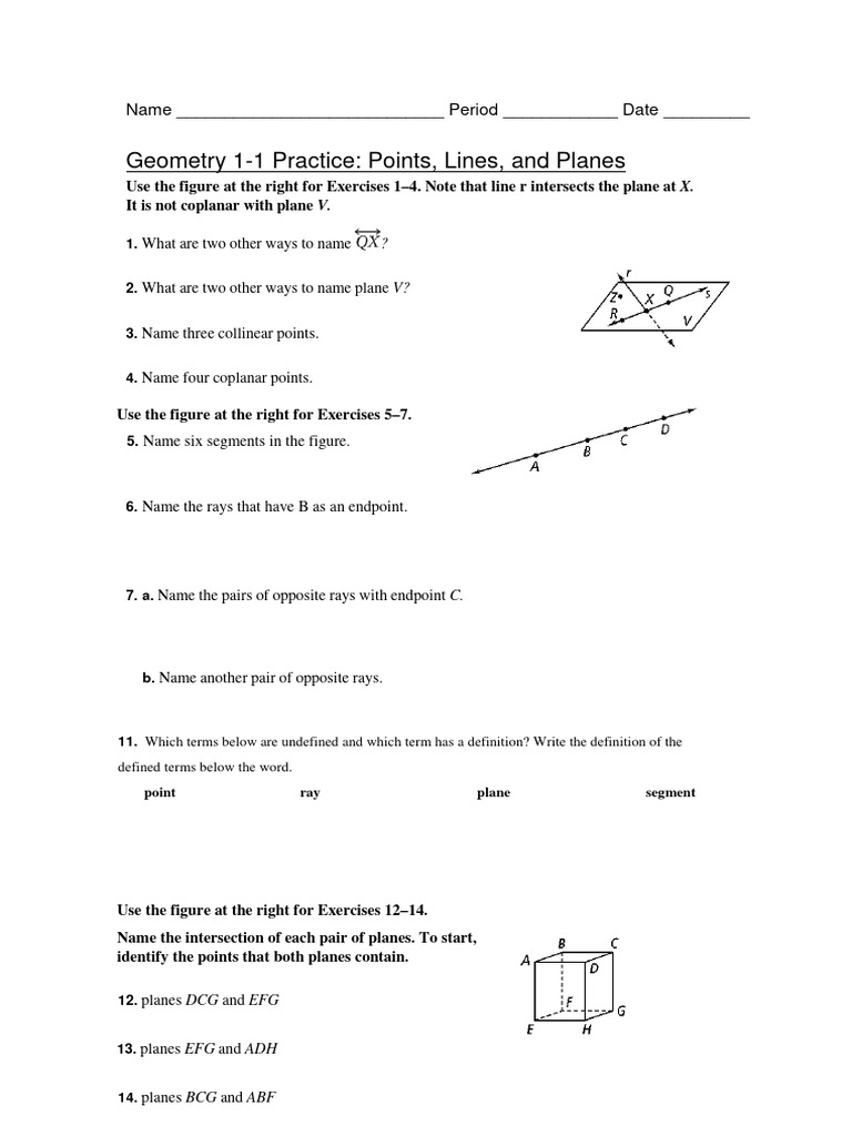 Geometry 1-1 Practice: Points, Lines, and Planes: Name - Period - Date ...