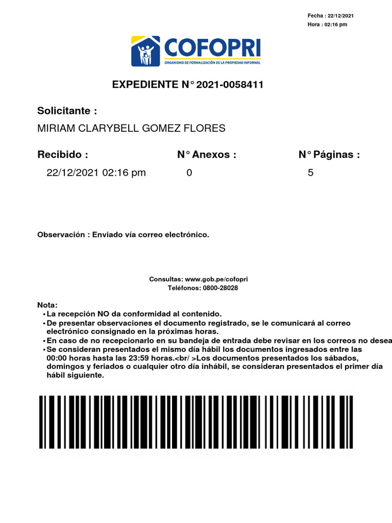Documento Recibido por COFOPRI | PDF