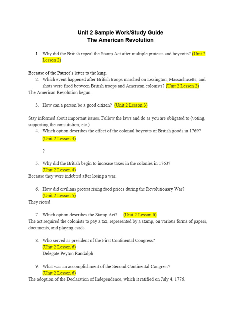 Unit 2 Study Guide Sample Work American Revolution | PDF | American ...