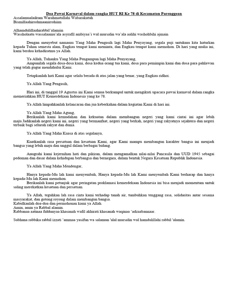 Doa Pawai Karnaval Dalam Rangka HUT RI Ke 78 Di Kecamatan Parenggean | PDF | Kajian Bahasa Asing ...