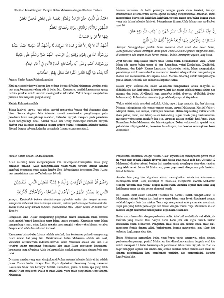 Khutbah Jumat Singkat - Bulan Muharram 2023 | PDF