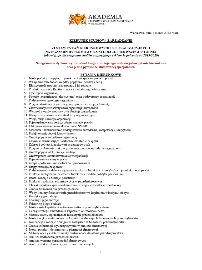 Pytania Na Egzamin Dyplomowy 2023 - ZARZ DZANIE PL | PDF
