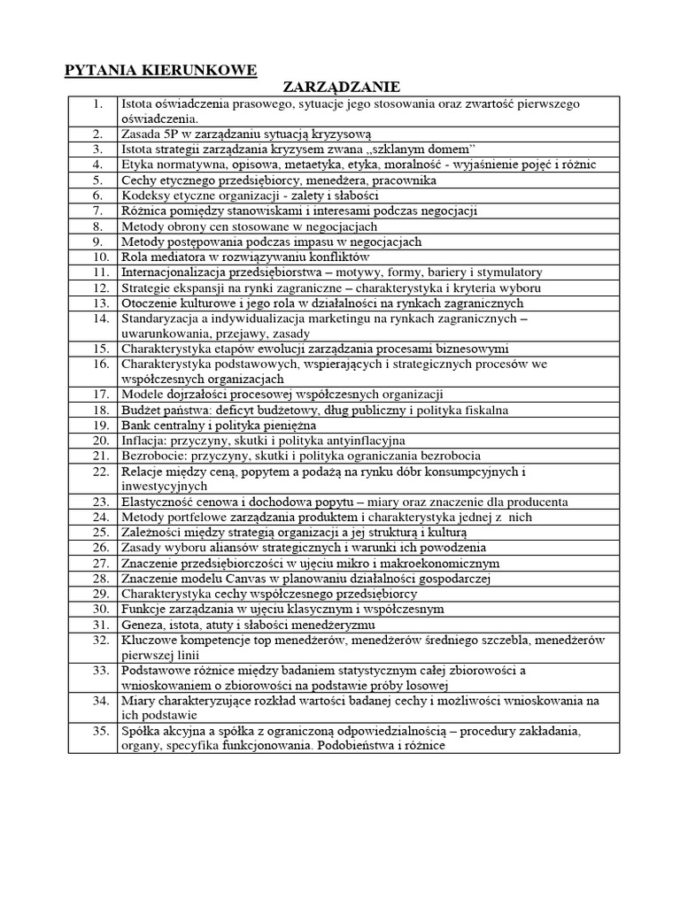 Pytania Dyplomowe 2023 Zarz - Dzanie Magister | PDF