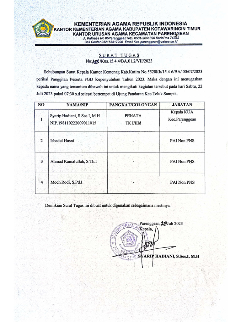Surat Tugas FGD Kepenyuluhan KUA Parenggean - 2023 | PDF