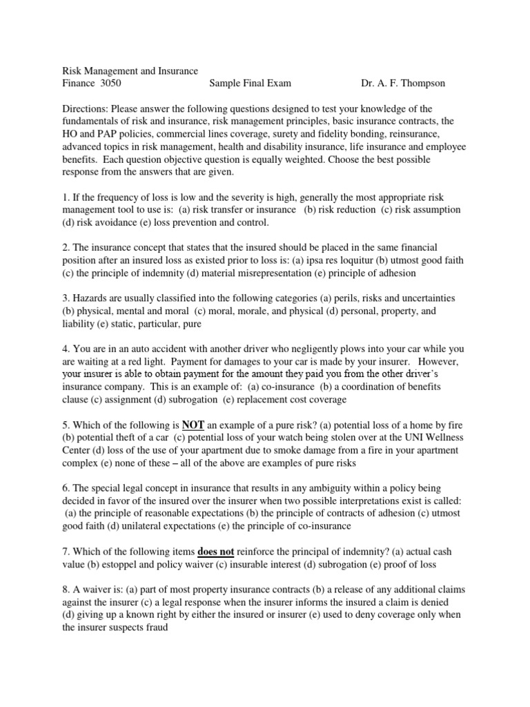 Sample Final Exam For Risk Management and Insurance | PDF | Insurance ...