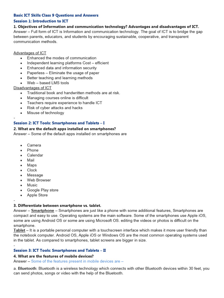 Basic ICT Skills Class 9 Questions and Answers | PDF | Computer Data ...