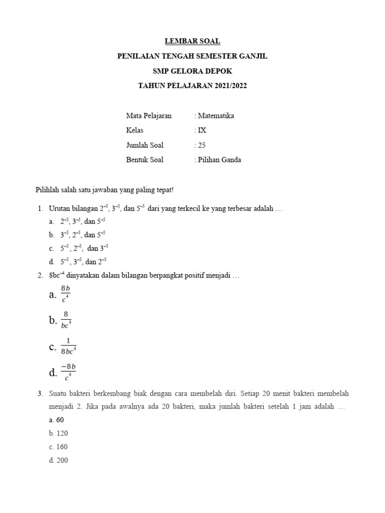 Soal PTS Ganjil MTK 9 | PDF