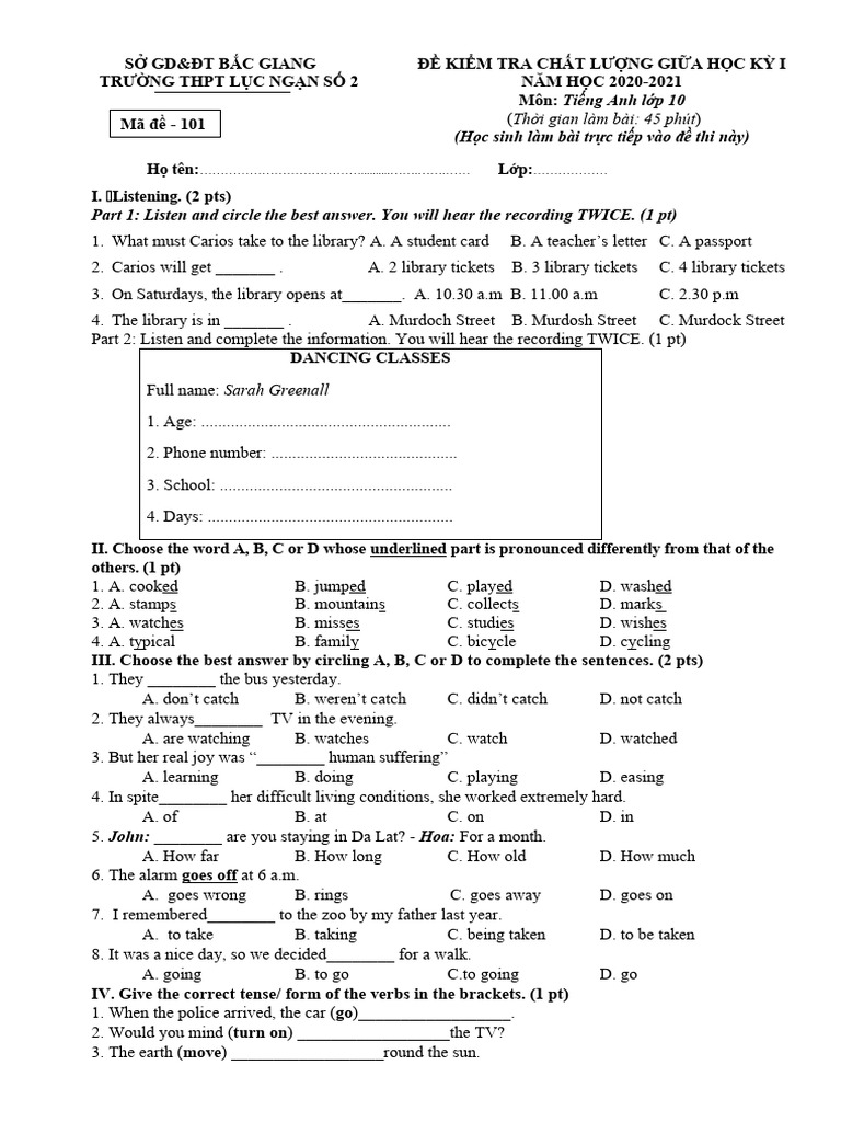 ĐỀ KIỂM TRA GIỮA KÌ 1 - K10 - MÃ 101 | PDF