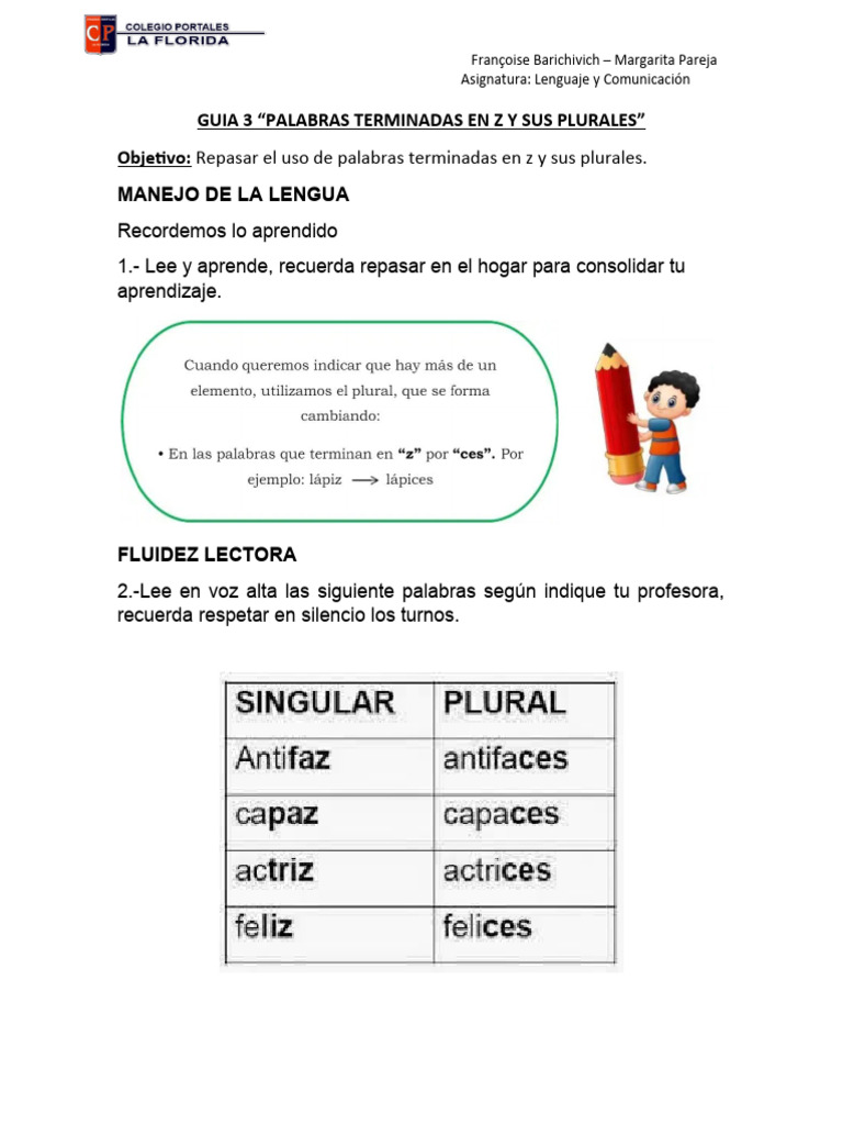 Palabras terminadas en Z y plurales | PDF | Artes del Lenguaje y ...