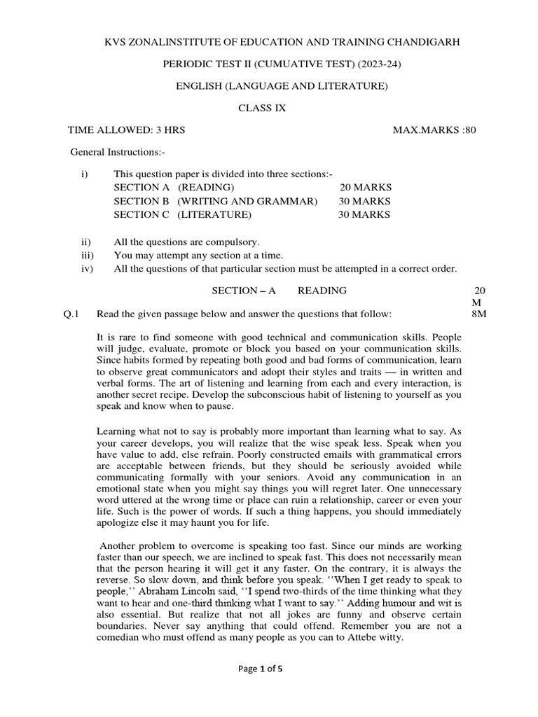 Practice Paper Ix English PT 2 2023-24 | Download Free PDF | Communication | Humour