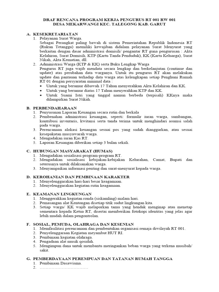 Rencana Kerja Pengurus RT 001 Garut | PDF
