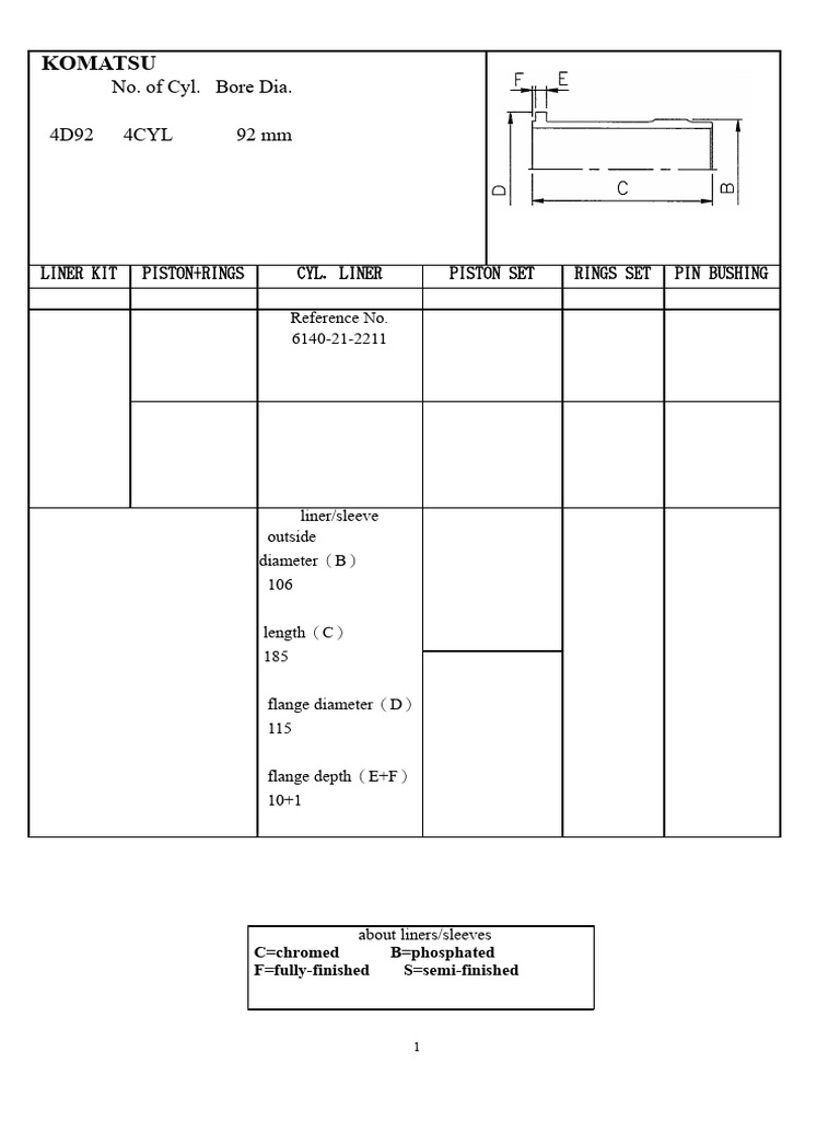 Komatsu Engine Liner Kits Guide | PDF | Piston | Mechanical Engineering