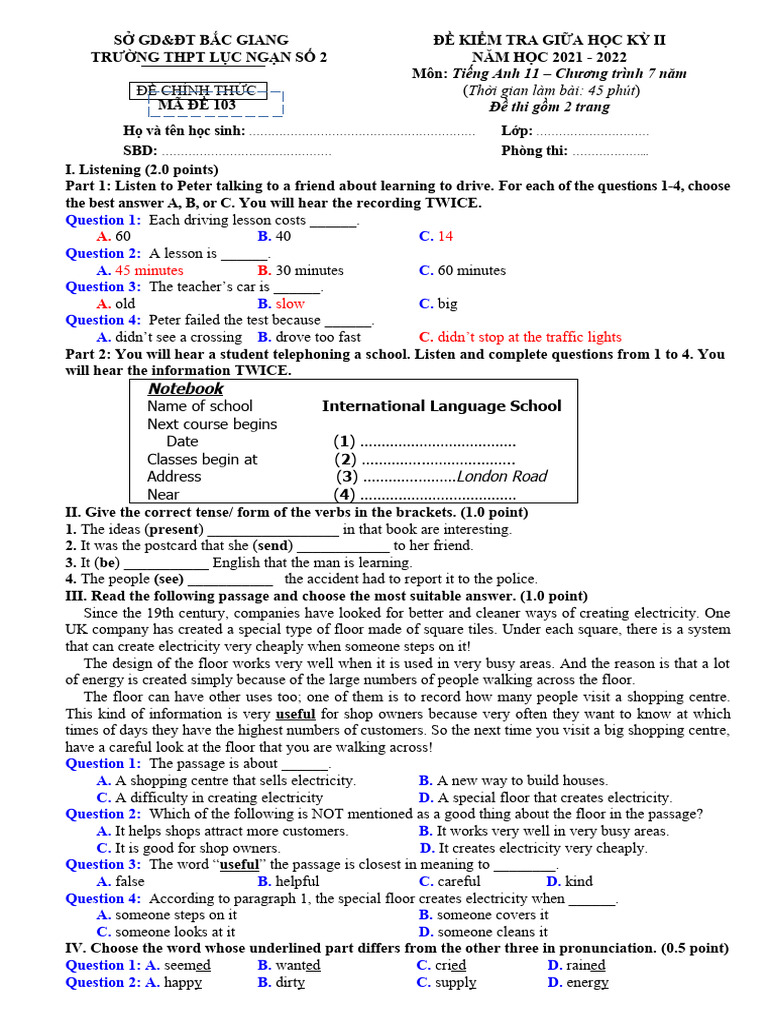 ĐỀ KIỂM TRA GIỮA KÌ 2 - K11- MÃ 103 | PDF | Linguistics | Syntax