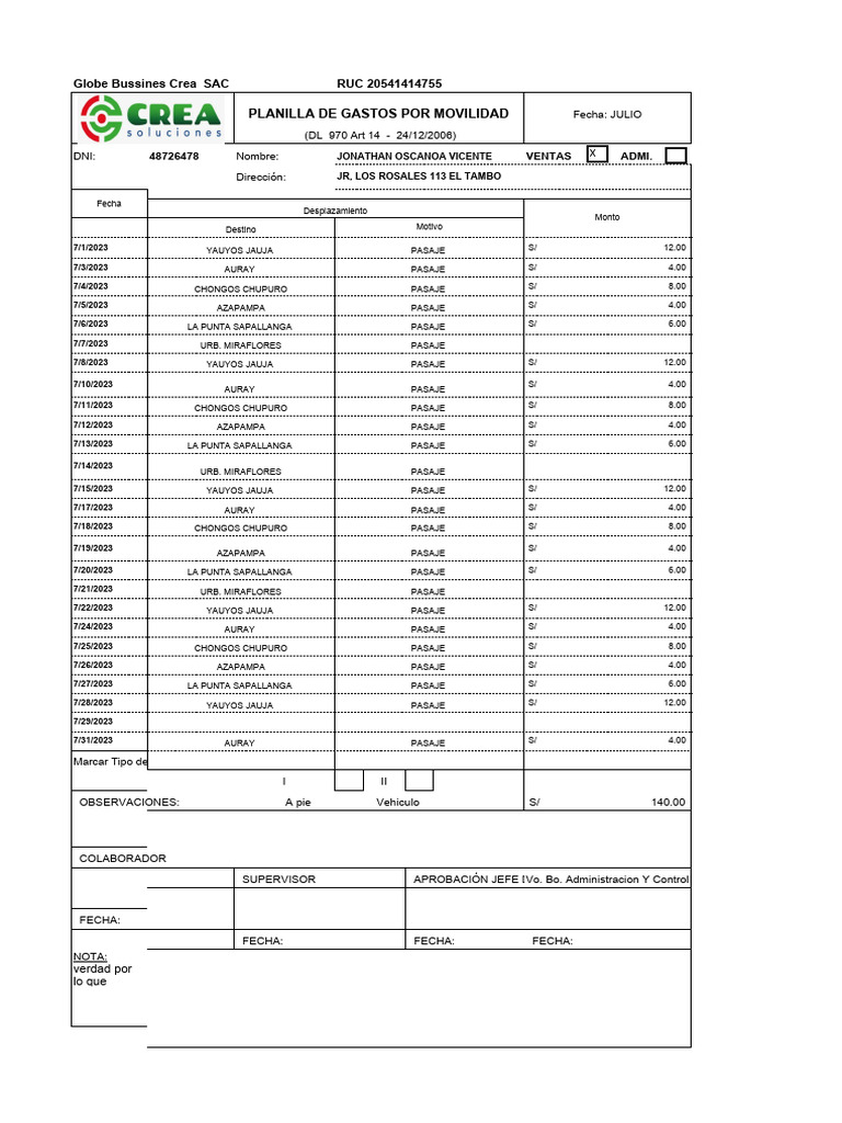 Planilla de Pasajes - FFVV Julio | PDF