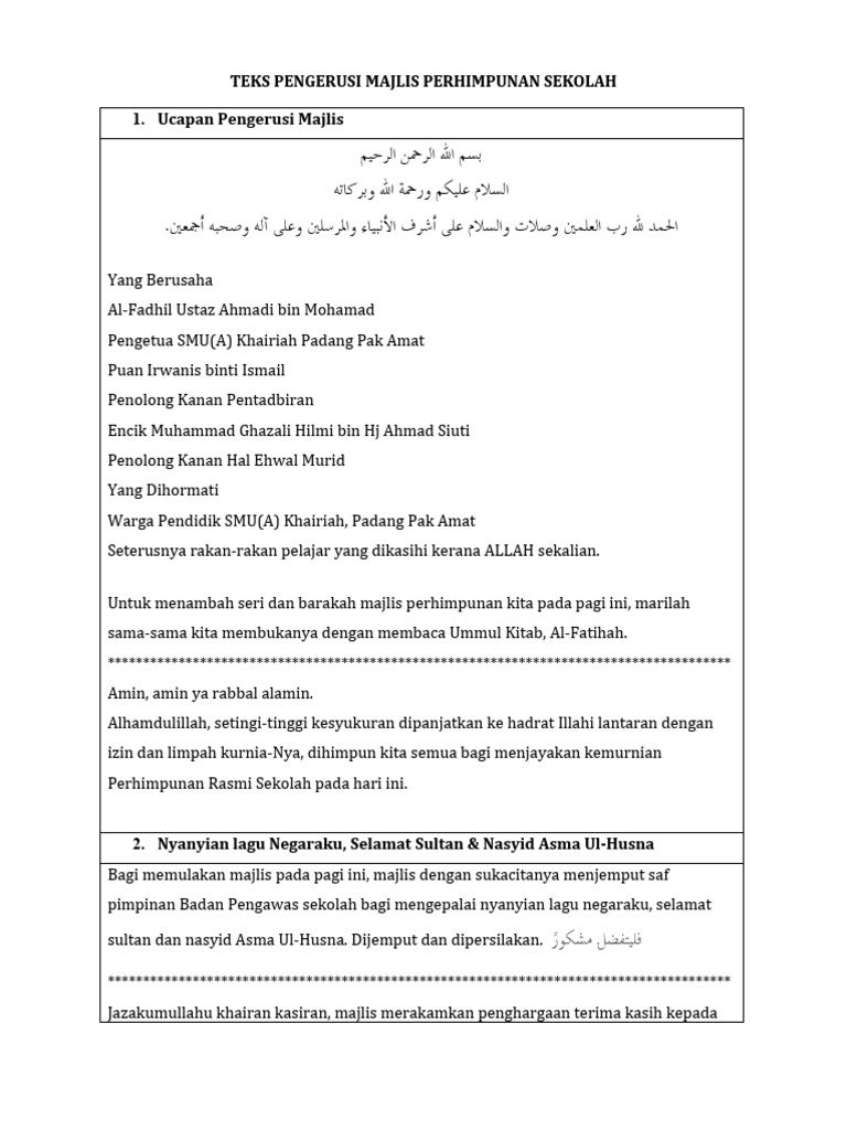 Teks Pengerusi Majlis Perhimpunan Sekolah | PDF