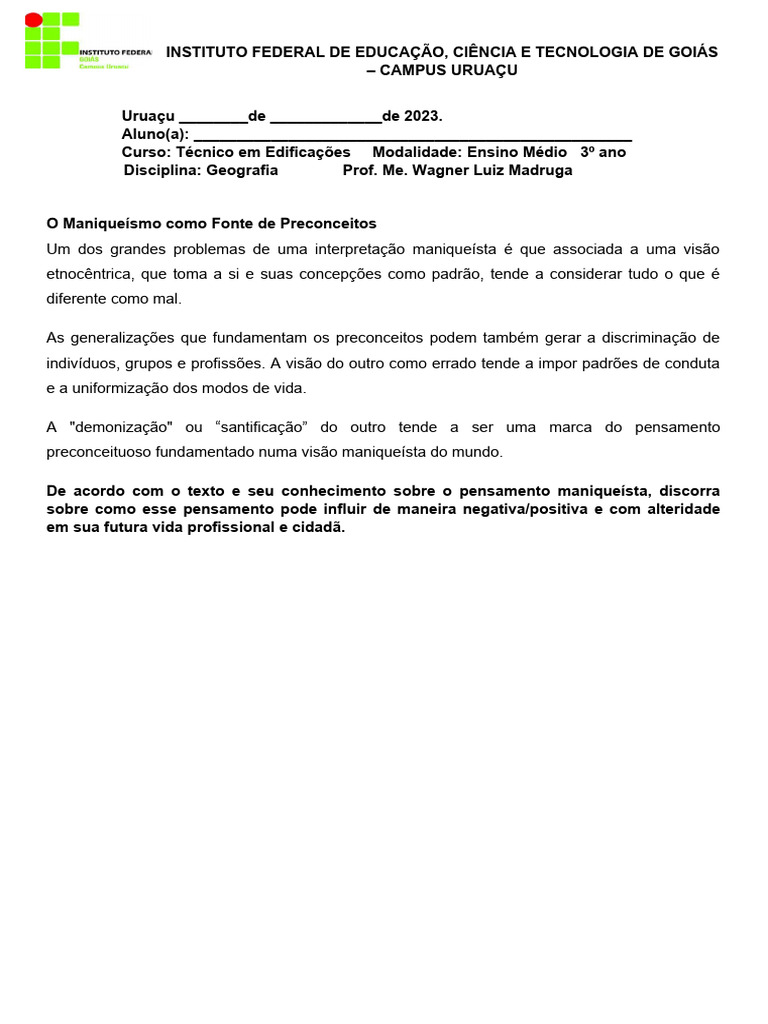 3âº Edificaã Ã Es Atividade Pensamento Maniqueã Sta 2023 2 | PDF