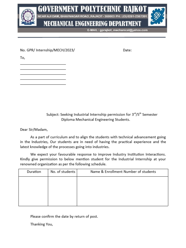 NOC Request for Mechanical Internship | PDF | Business