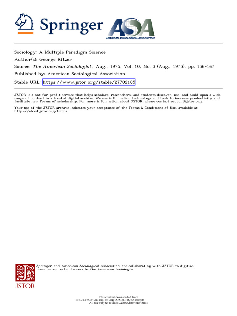 Ritzer SociologyMultipleParadigm 1975 | PDF | Paradigm | Sociology