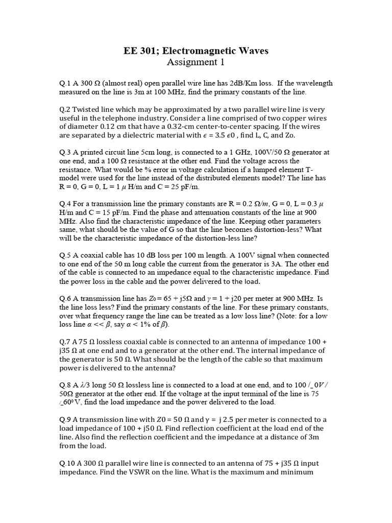 Ee301 Assignment 1 2023 Pdf Transmission Line Physical Quantities
