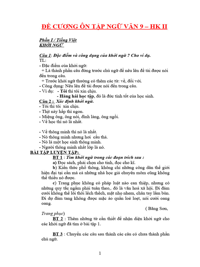 De Cuong On Tap Ngu Van 9 Hkii Moi Nhat | PDF