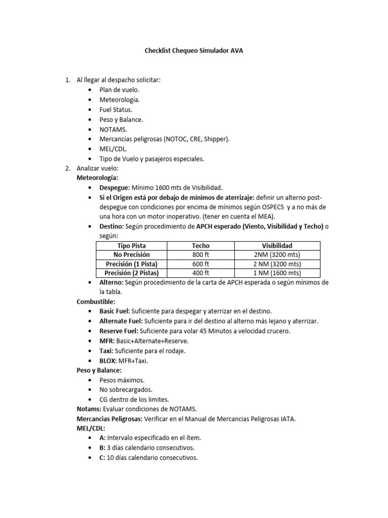 Checklist Chequeo Simulador AVA-2 | PDF | Reglas de vuelo por ...